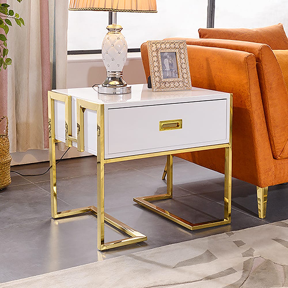 Jocise Modern White Side Table Wooden End Table with 1 Drawer & Golden ...