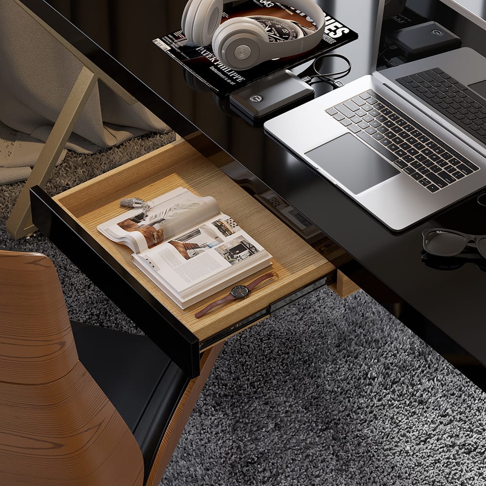 Modern Black Writing Desk with Drawer & Shelf Wood Top & Metal Frame ...