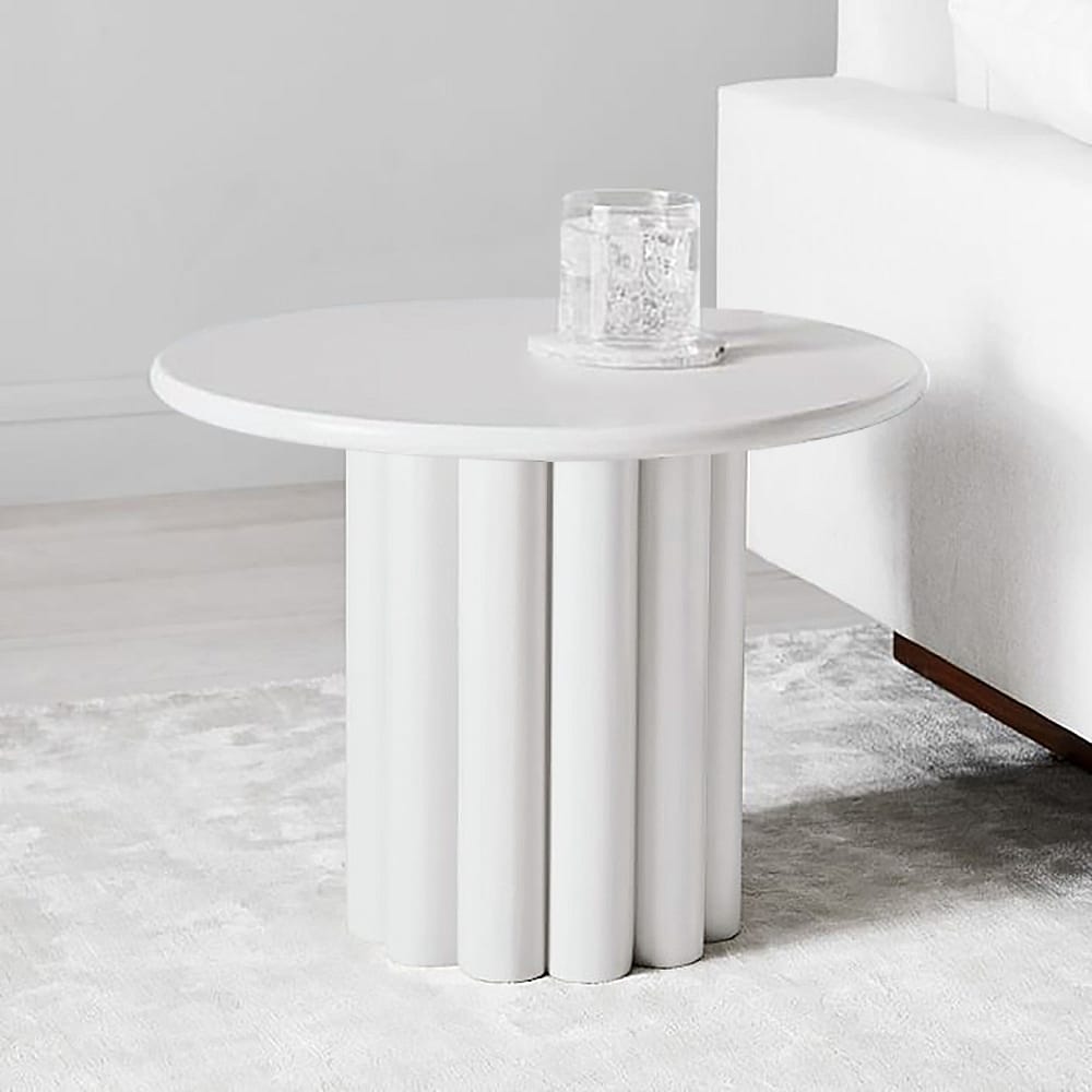 Yarnic Japandi White Fluted Side Table Round Wood End Table with Unique ...
