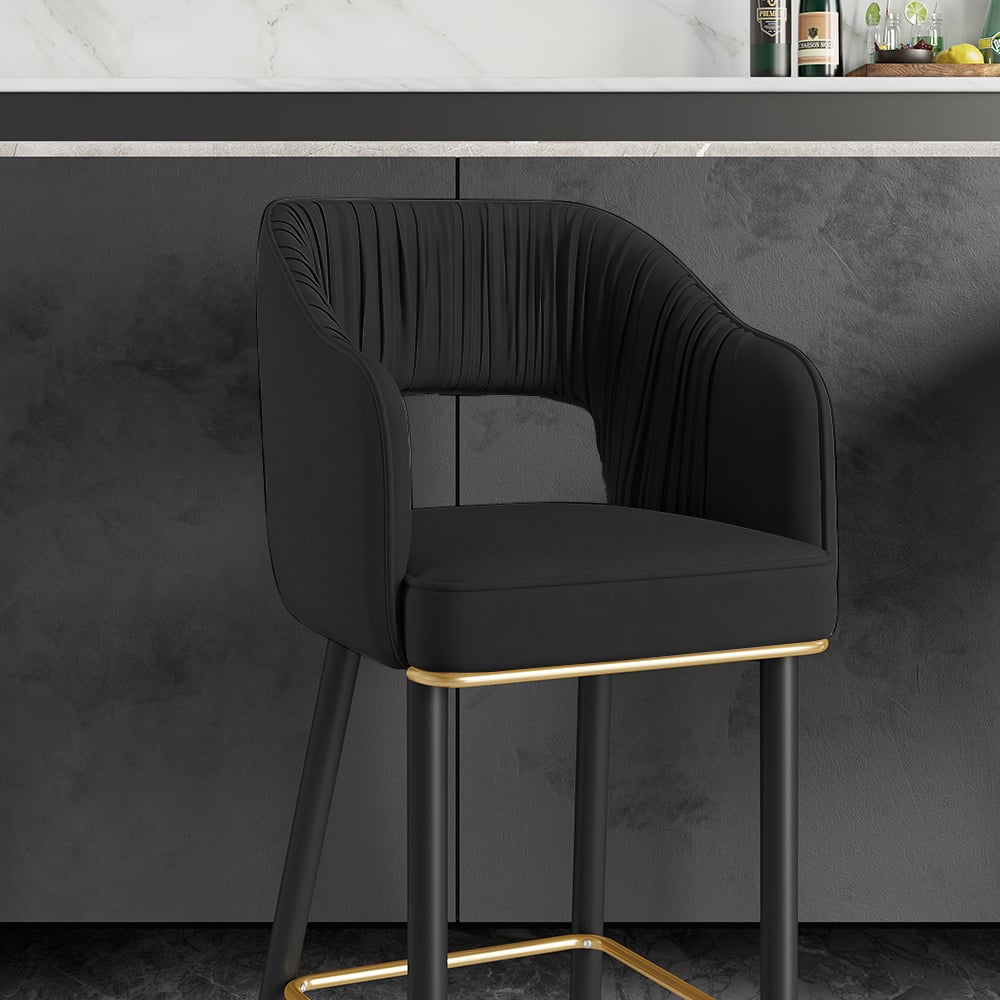 Modern Black Velvet Bar Stool with Back & Footrest | homary