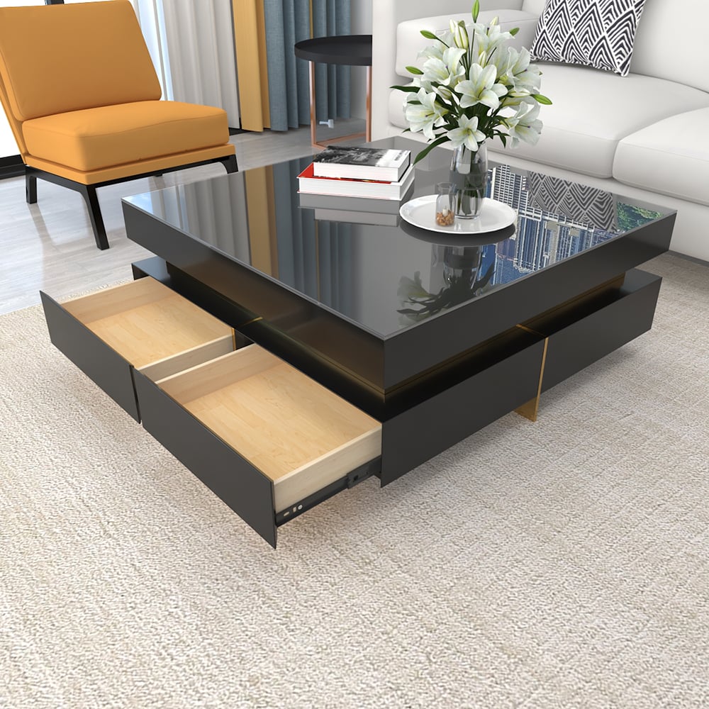 Black Modern Square Coffee Table with Drawers Tempered Glass Top ...