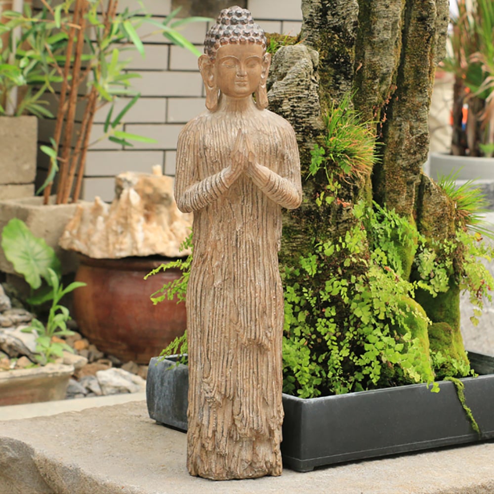 Outdoor Garden Standing Pray Buddha Statue Patio Distressed Brown Resin ...