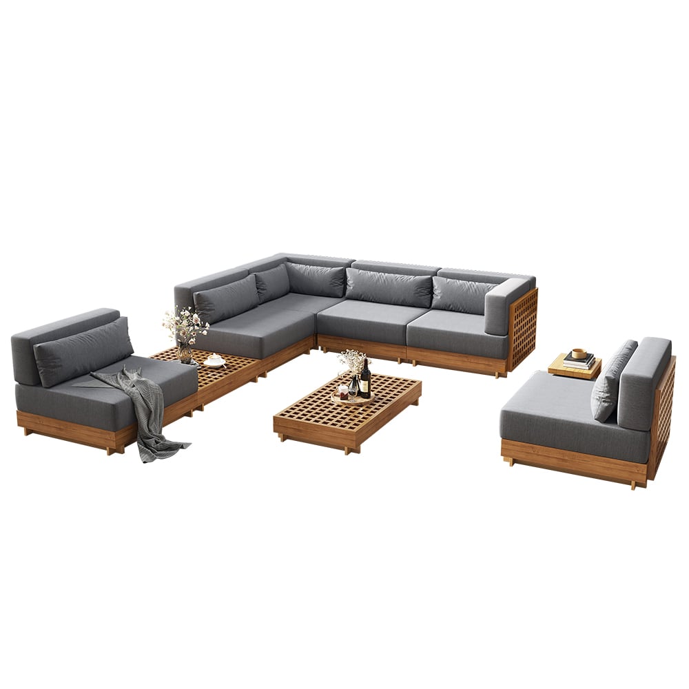 9-Piece Premium Teak Modular L-Shaped Outdoor Sectional Sofa Set in ...