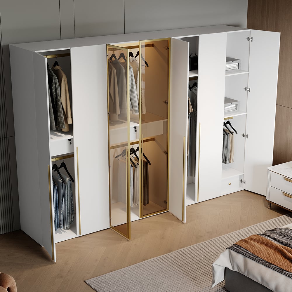 White & Gold Modern Extra Wide Wardrobe with Clear Glass Door Storage ...
