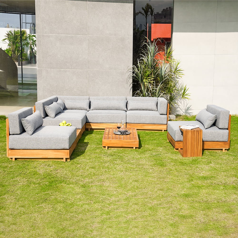 9-Piece Premium Teak Modular L-Shaped Outdoor Sectional Sofa Set in ...