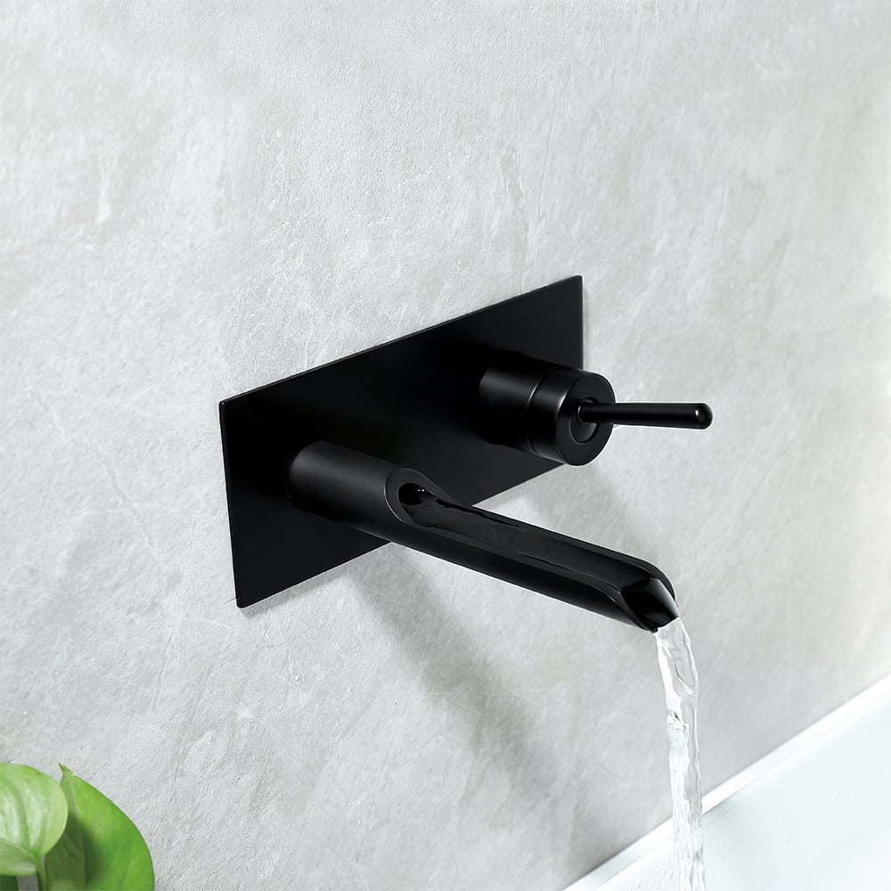 Black Modern Single Lever Handle Wall-Mounted Bathroom Basin Tap Solid ...