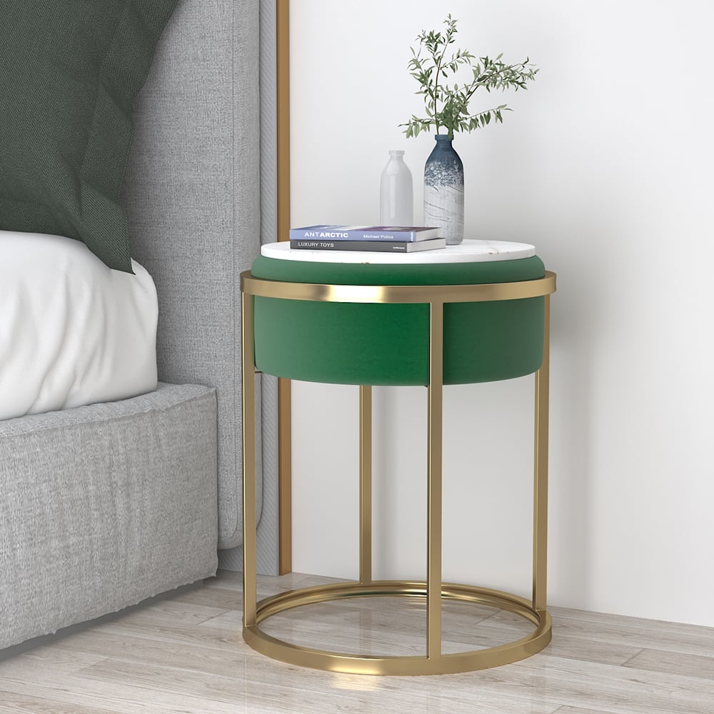 Green Round Sintered Stone Side Table Velvet Gold Finish | Homary