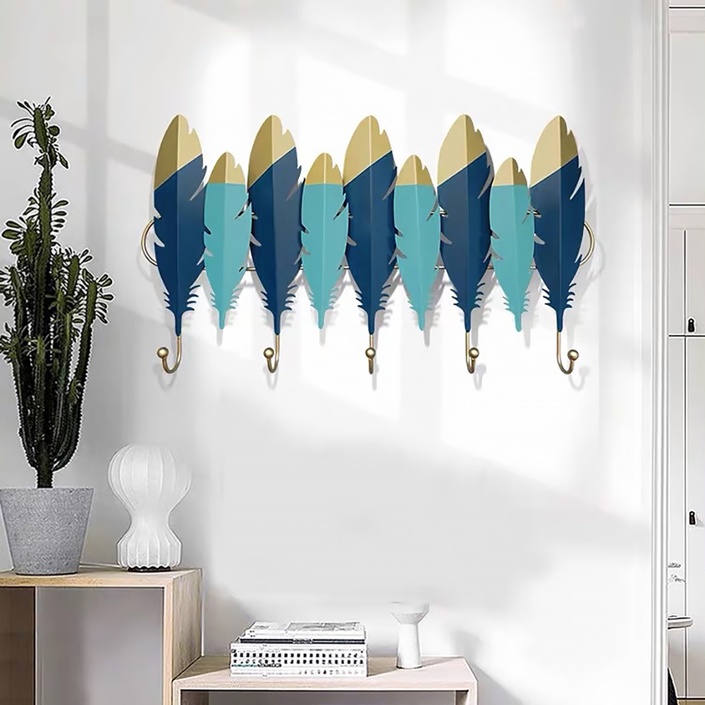 Blue Modern Feather-Shaped Wall Mount Coat Rack in Metal Set of 2 with ...