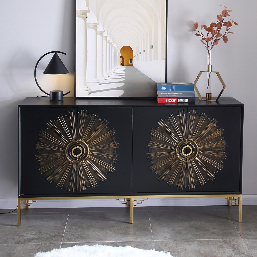 1600mm Modern Black Sideboard Buffet Embossed Surface Doors and ...