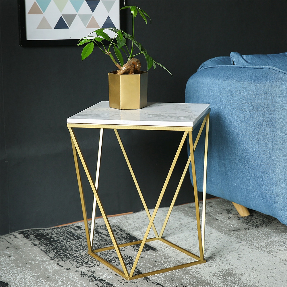 Modern White End Table with Marble Top Side Table Metal Frame｜Homary