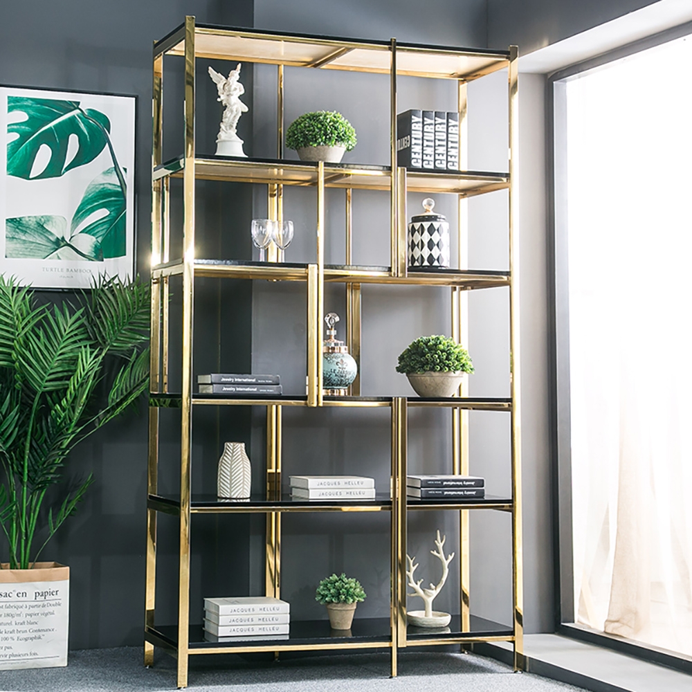 2000mm Contemporary Freestanding Etagere Bookshelf in Black & Gold ...