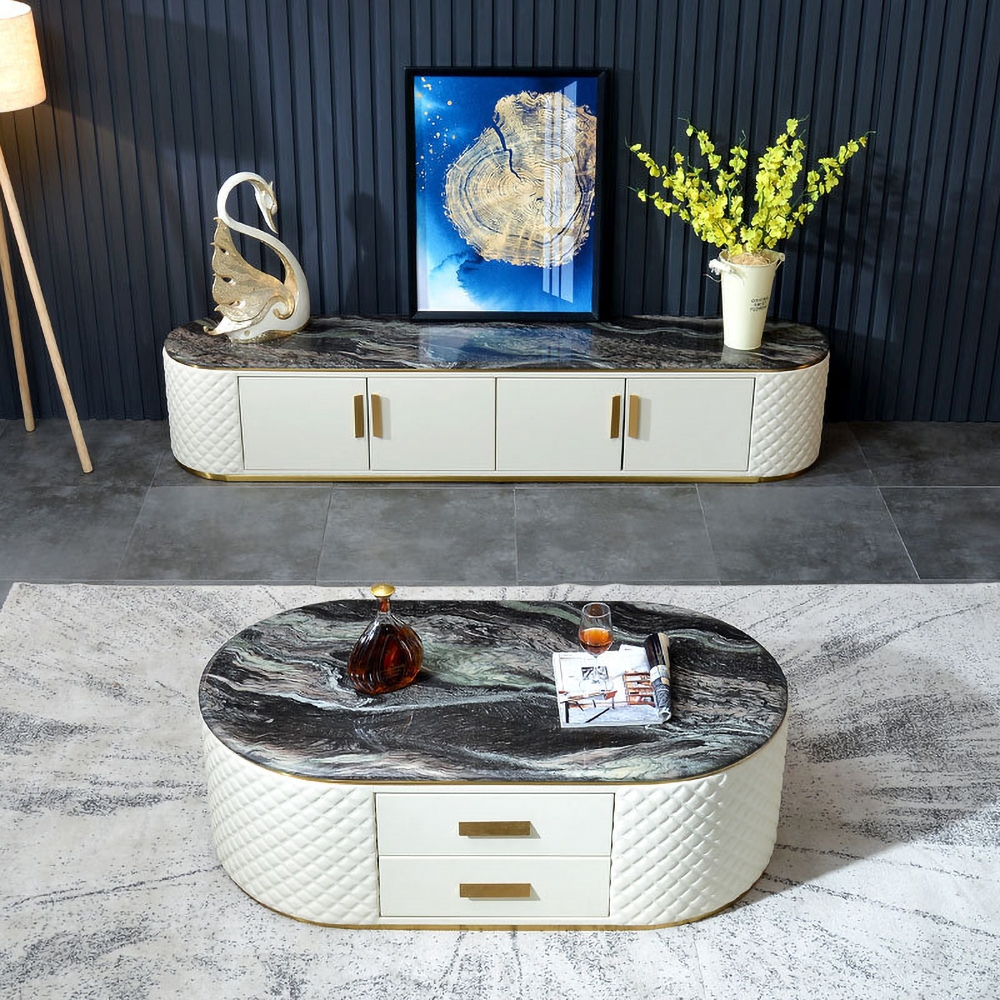 78" Contemporary Oval TV Stand Faux Marble Top Media Console with ...