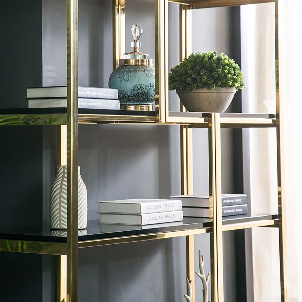 2000mm Contemporary Freestanding Etagere Bookshelf in Black & Gold ...