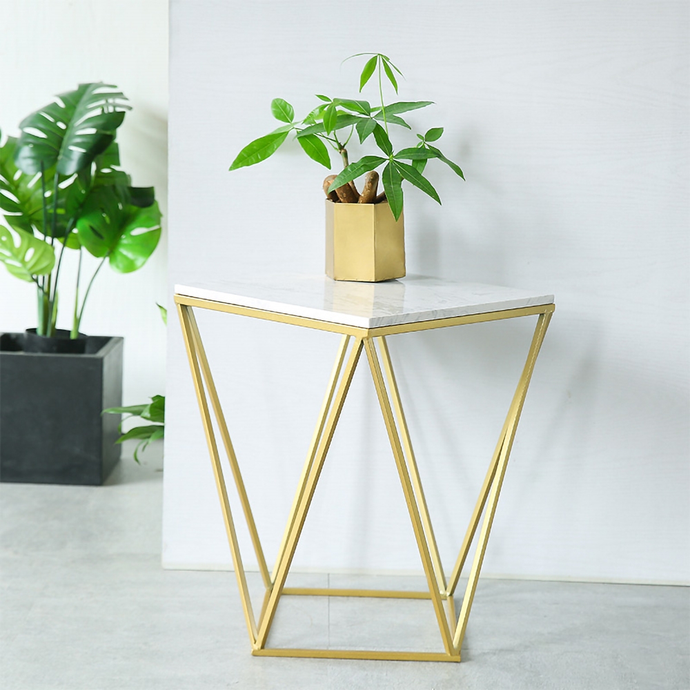 Modern White End Table with Marble Top Side Table Metal Frame｜Homary