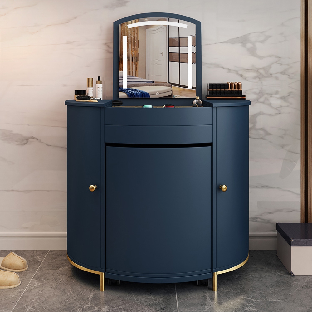 Modern Blue Lighting Makeup Vanity Table with Flip Top Mirror & 2-Door ...