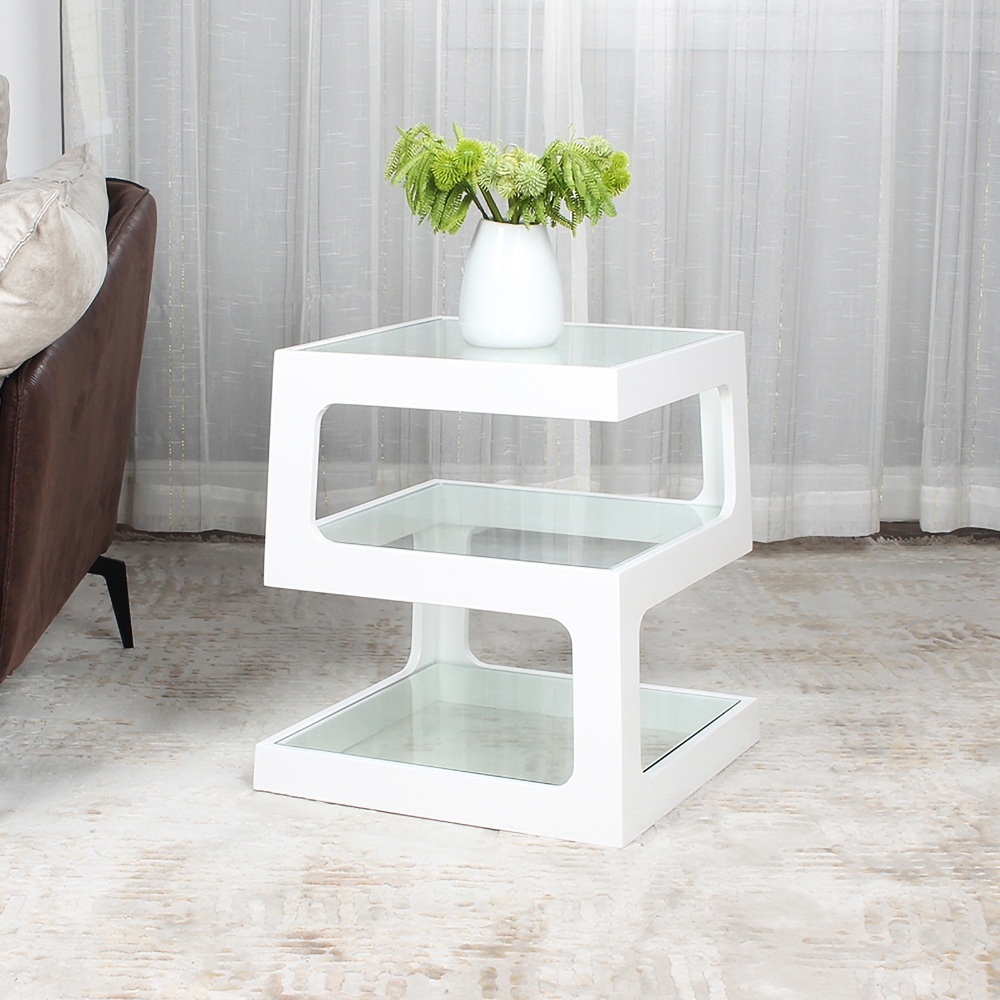Modern Glass Side Table with 3 Tiers S-shaped End Table in White | Homary