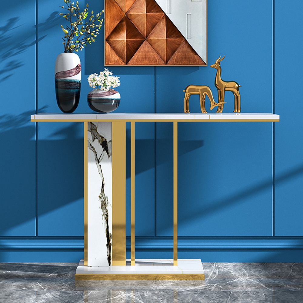 39.4" Narrow Rectangular Console Table with Sintered Stone Top White ...