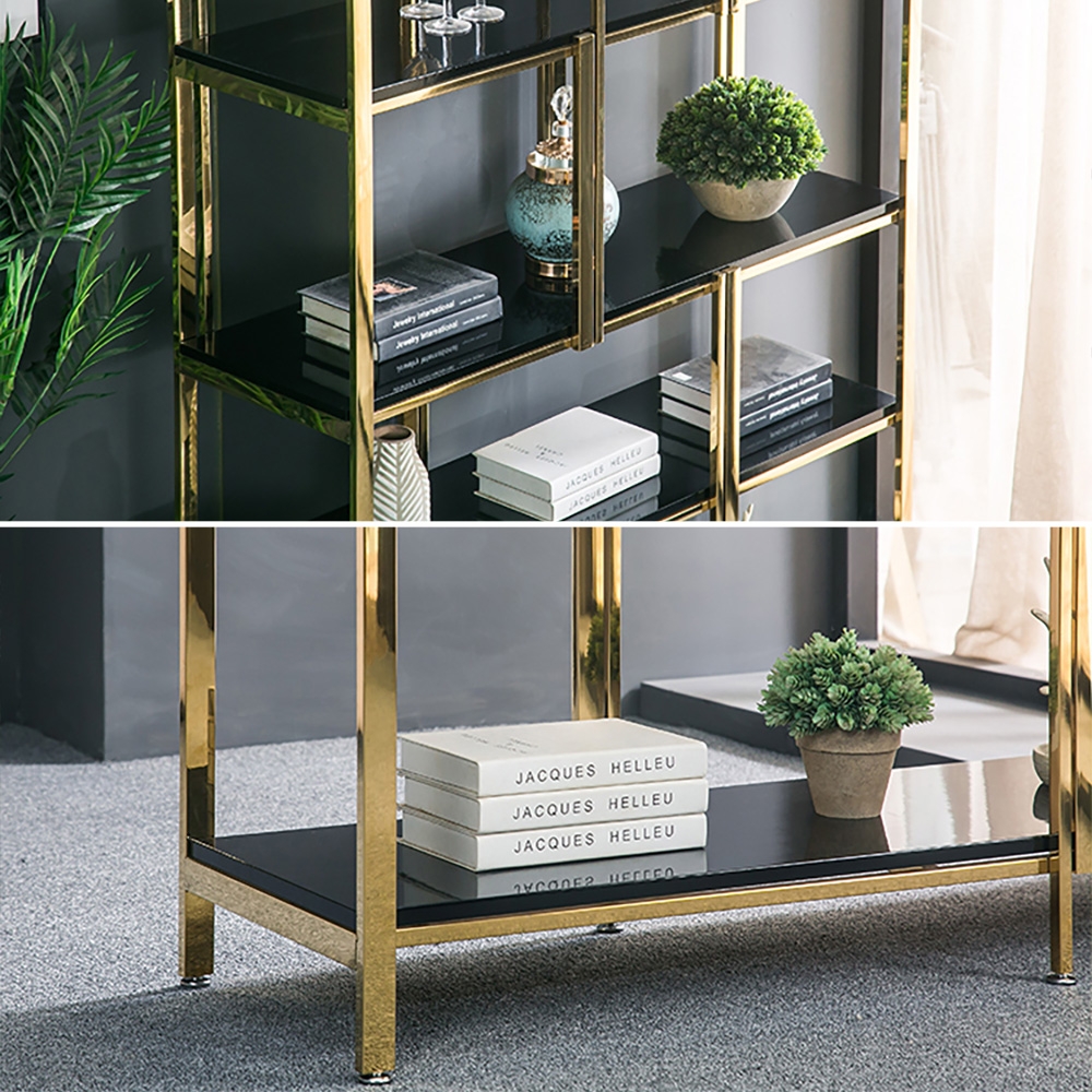 2000mm Contemporary Freestanding Etagere Bookshelf in Black & Gold ...
