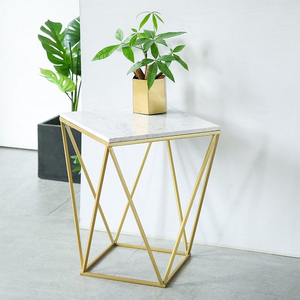 Modern White End Table with Marble Top Side Table Metal Frame｜Homary