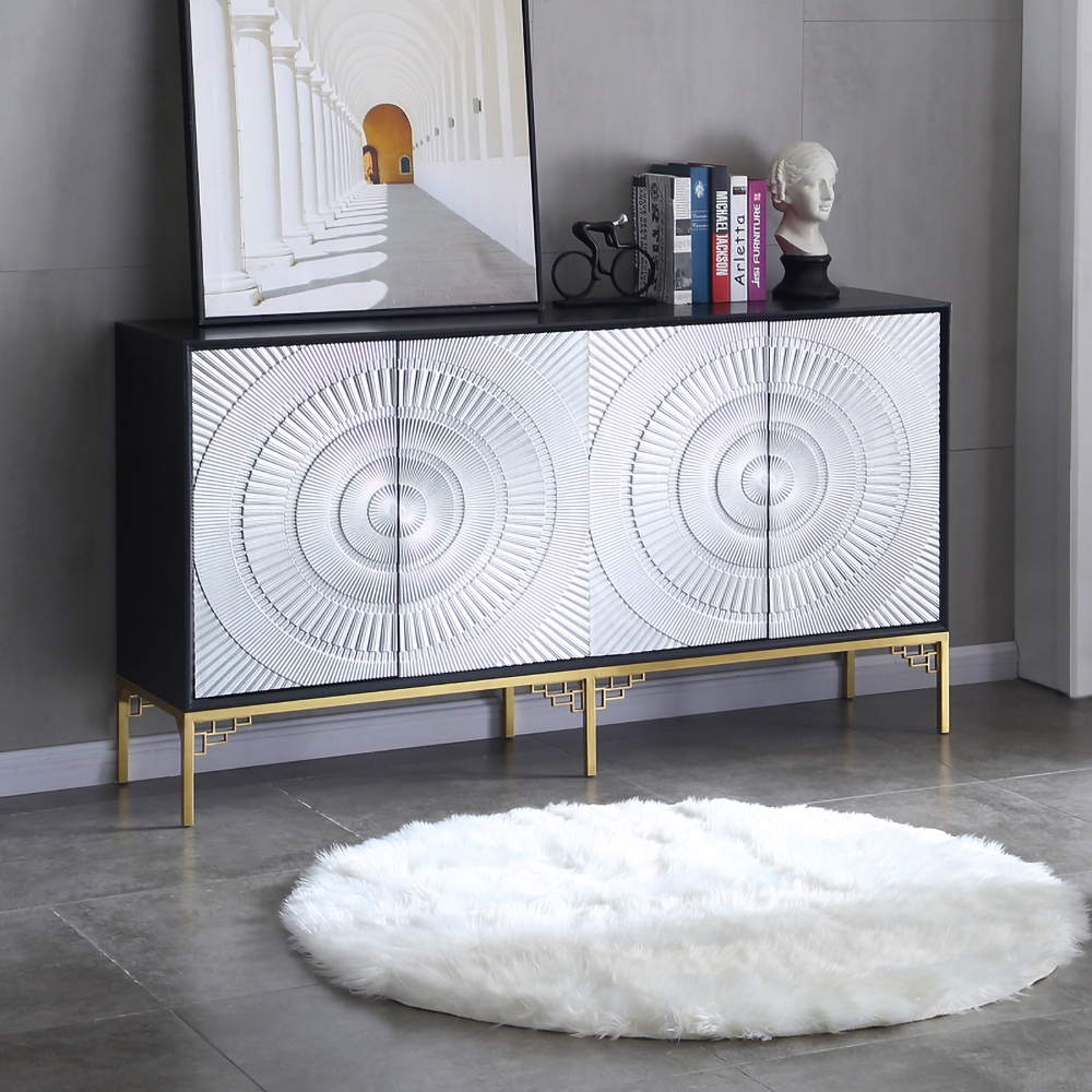 Black&Silver Sideboard Buffet Solid Wood Kitchen Cabinet with Doors and ...