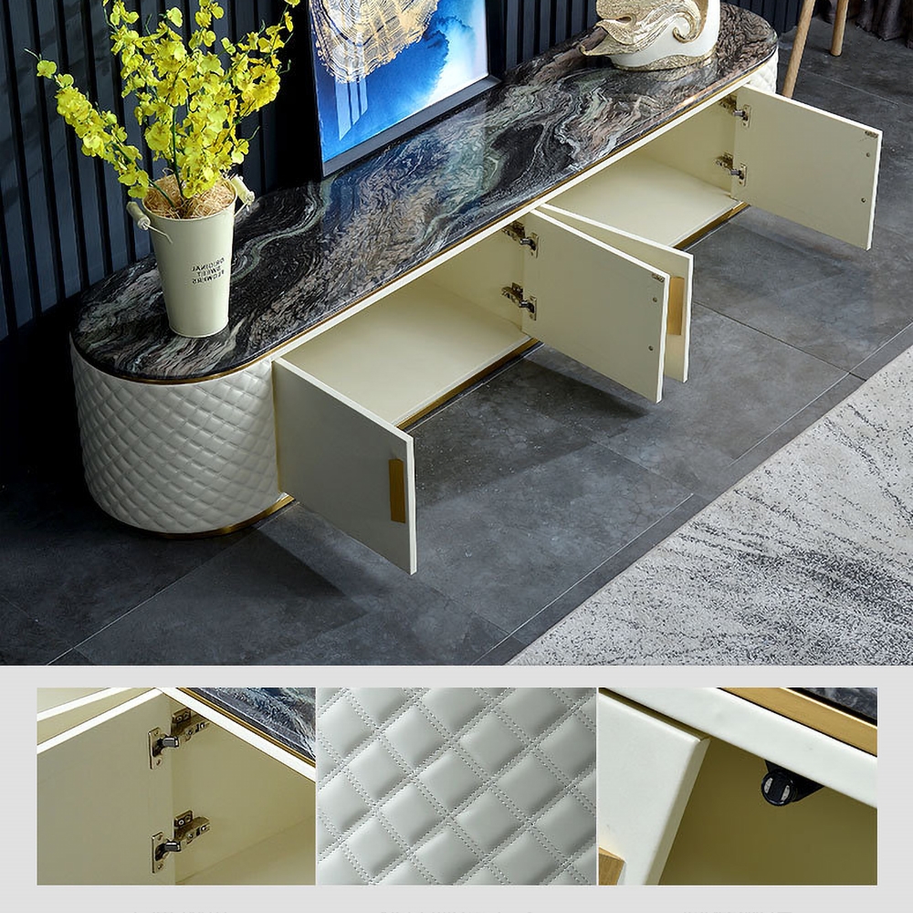78" Contemporary Oval TV Stand Faux Marble Top Media Console with ...