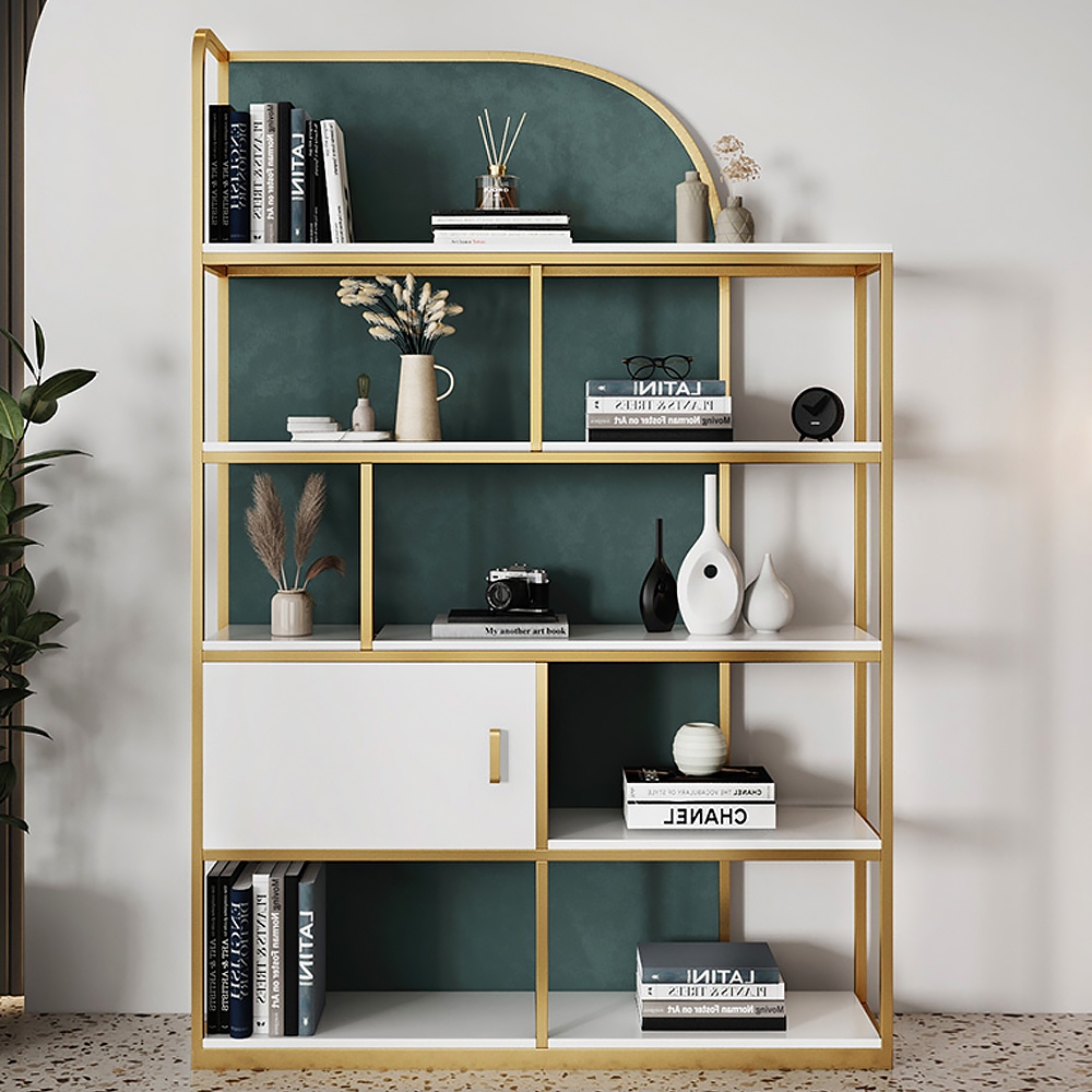 78" Contemporary Freestanding Shelf Bookshelf in White & Gold | Homary