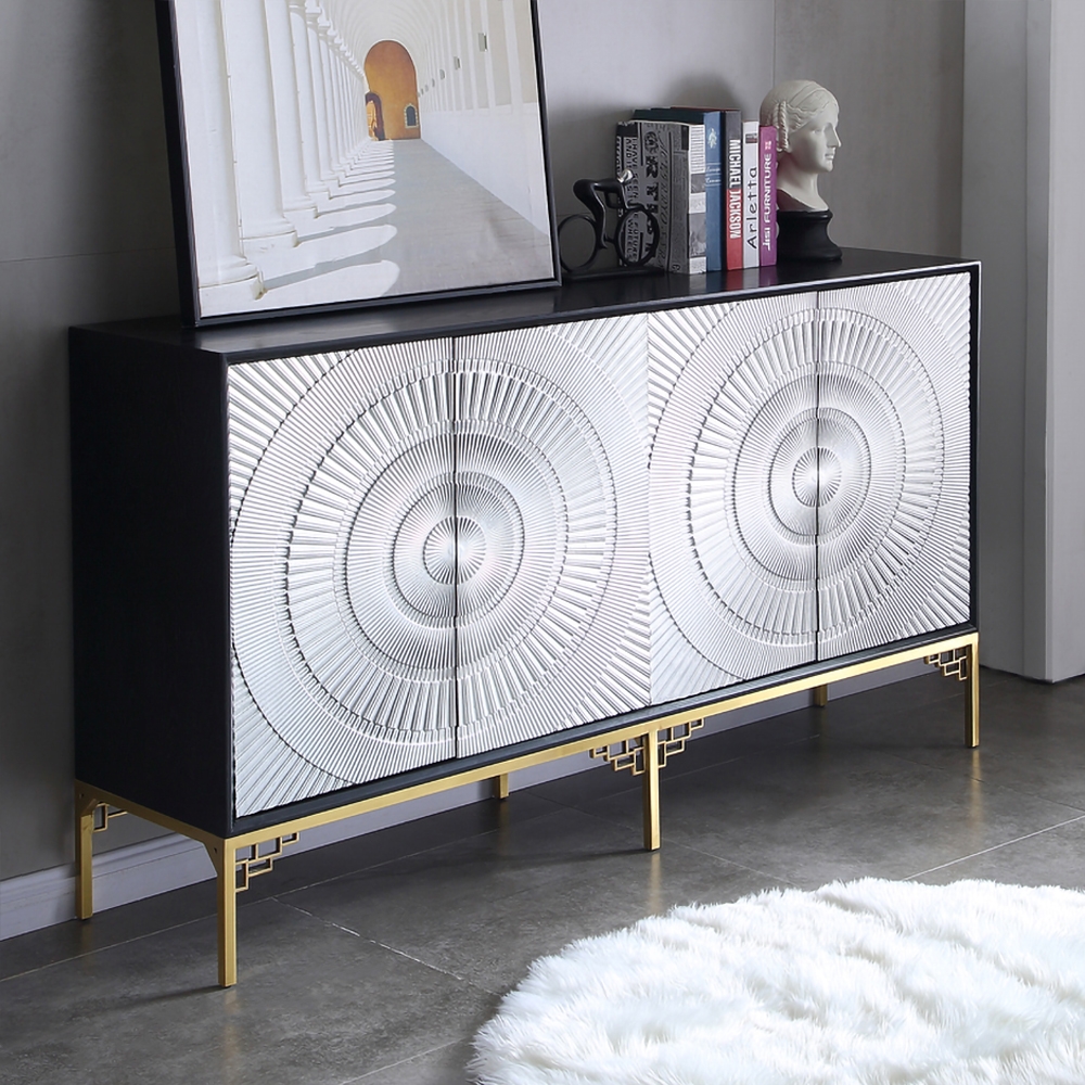 Black&Silver Sideboard Buffet Solid Wood Kitchen Cabinet with Doors and ...