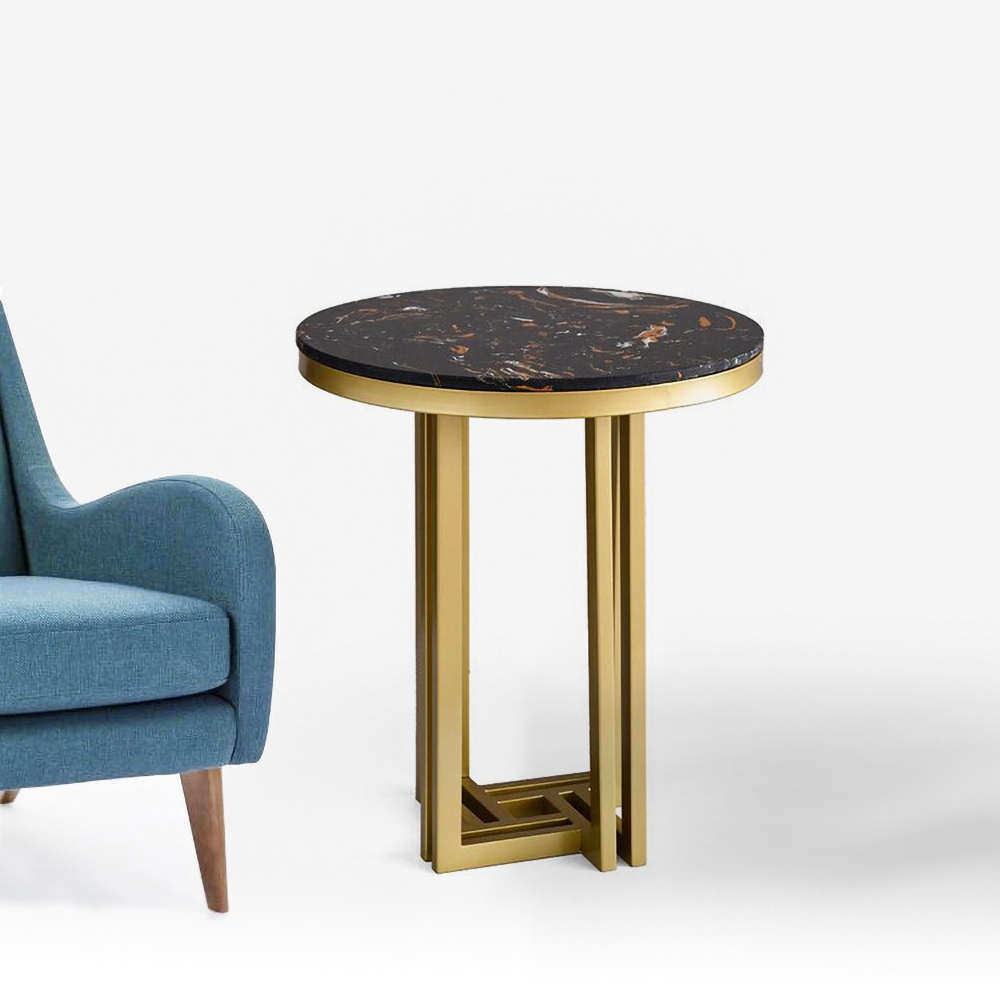 Gold Round End Table with Marble Top Side Table Metal｜Homary