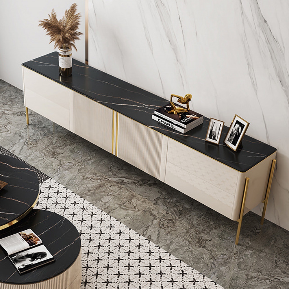 Modern Champagne TV Stand with Doors & Drawers Sintered Stone Top Media ...