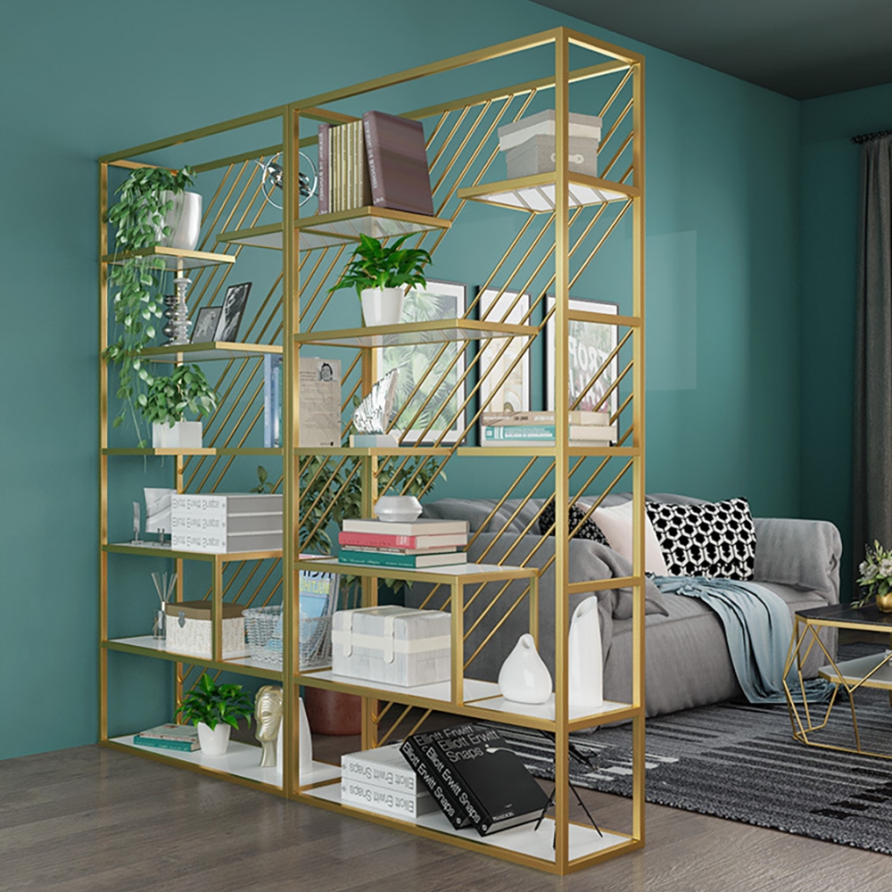 1800mm Contemporary Etagere Bookshelf in Gold & White｜Homary UK