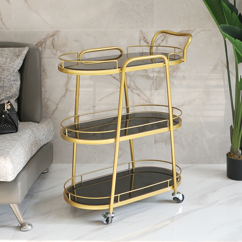 Modern 3-Tier Gold Bar Cart Storage with Casters in Metal | Homary