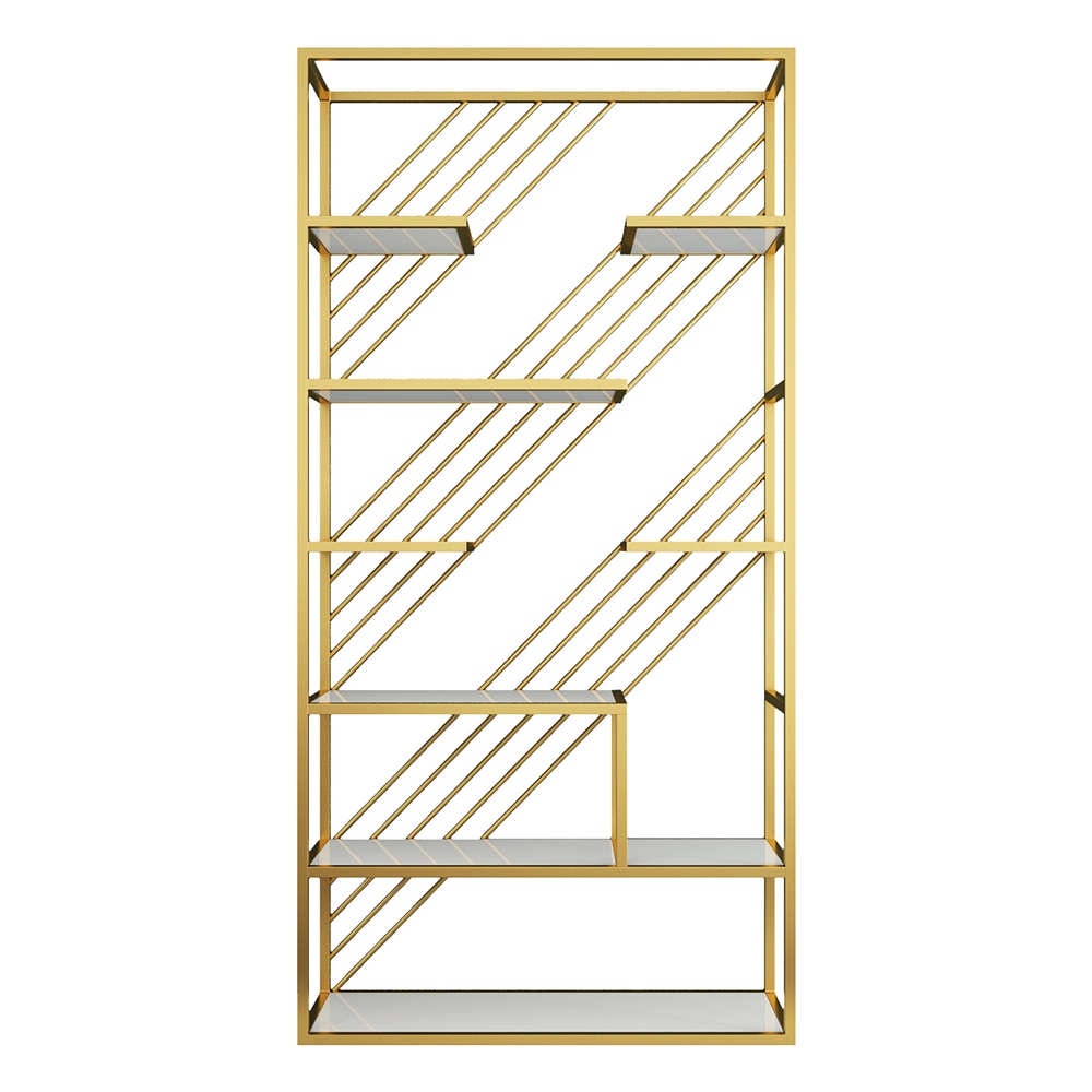 1800mm Contemporary Etagere Bookshelf in Gold & White｜Homary UK