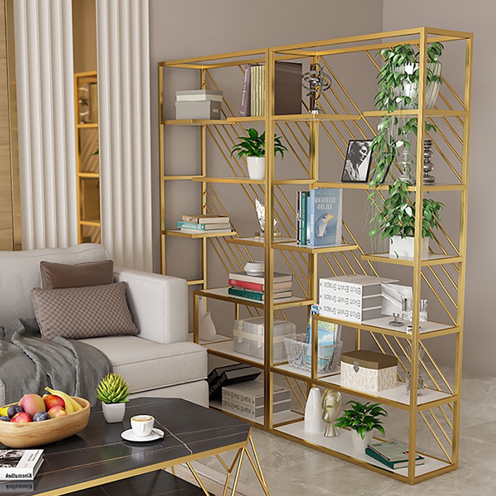 1800mm Contemporary Etagere Bookshelf in Gold & White｜Homary UK