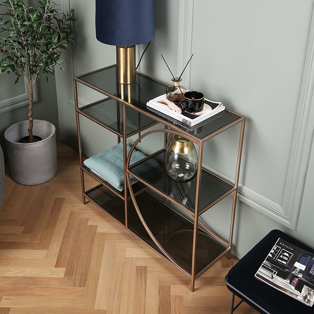 Industrial Black Console Table with Shelves Tempered Glass Top & Metal ...