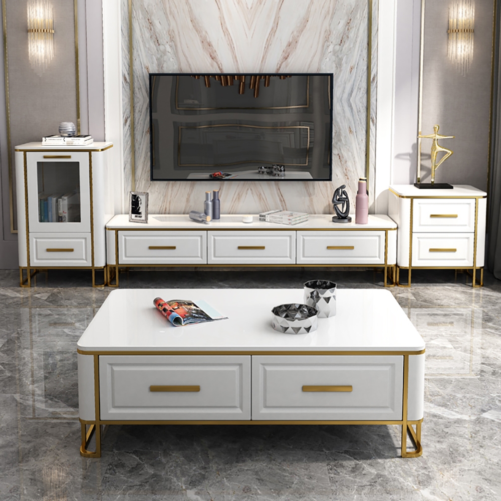 Modern White TV Stand Tempered Glass Top 3-Drawer Media Console in Gold ...