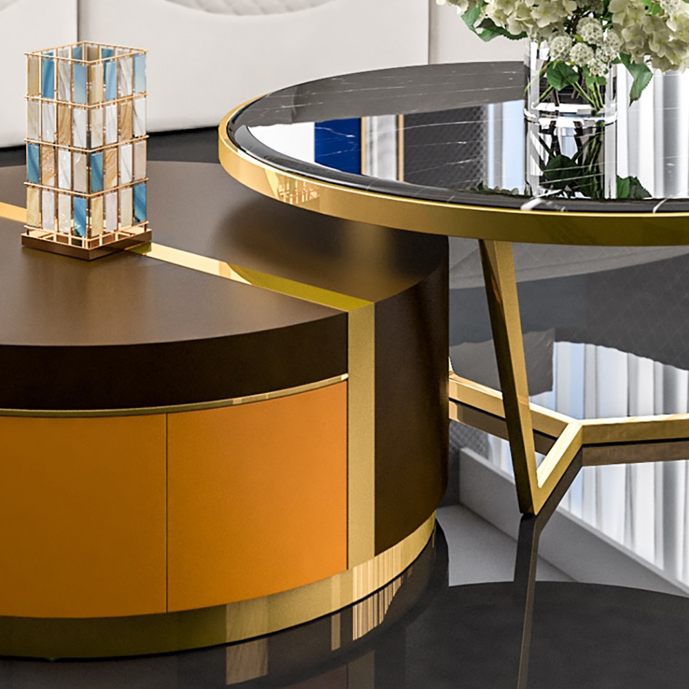 Modern Round Coffee Table Set with Storage Marble Top & Stainless Steel ...