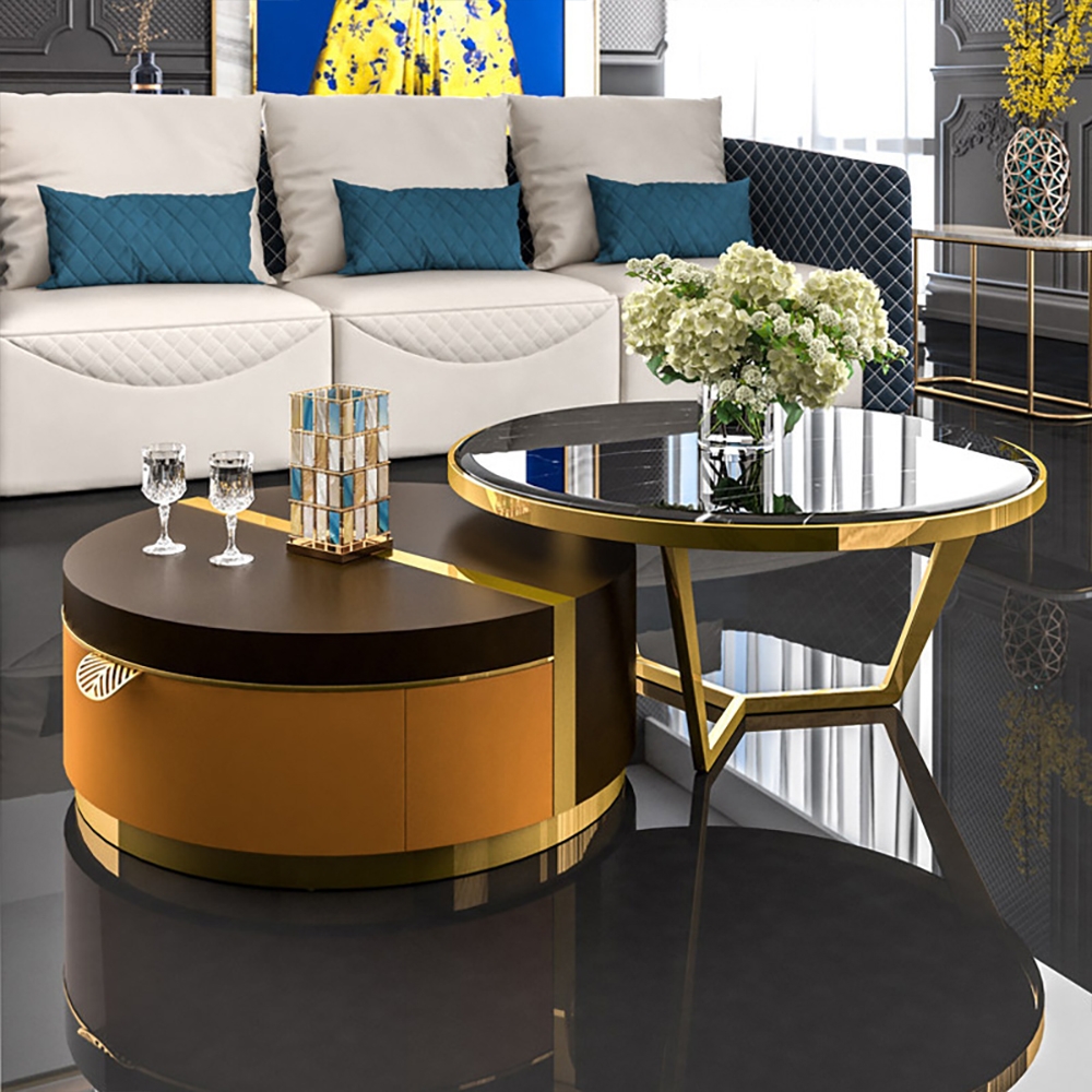 Modern Round Coffee Table Set with Storage Marble Top & Stainless Steel ...