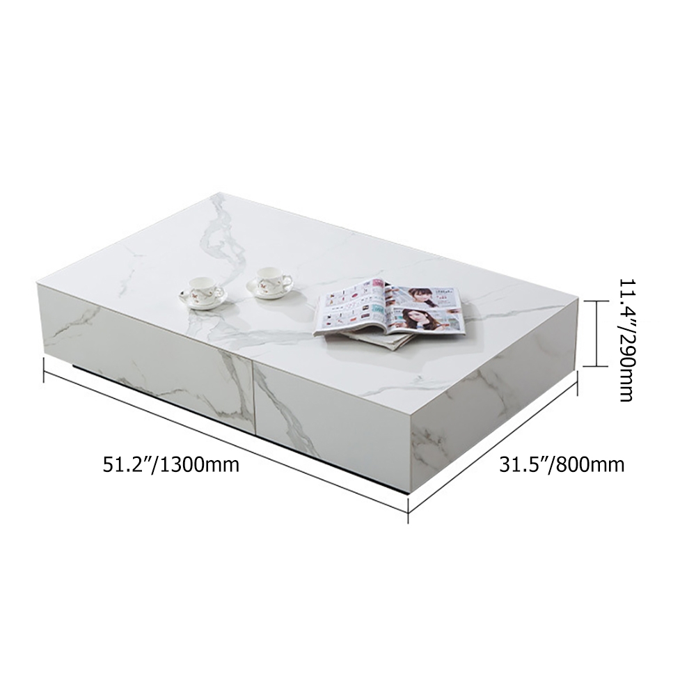 Modern Rectangular White Coffee Table Sintered Stone & Wood Drawers ...