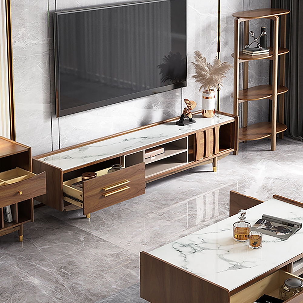 78" Walnut TV Stand Tempered Glass Top Media Console with Storage in ...