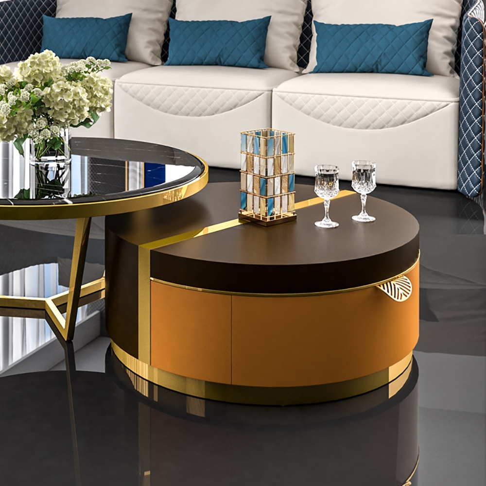 Modern Round Coffee Table Set with Storage Marble Top & Stainless Steel ...