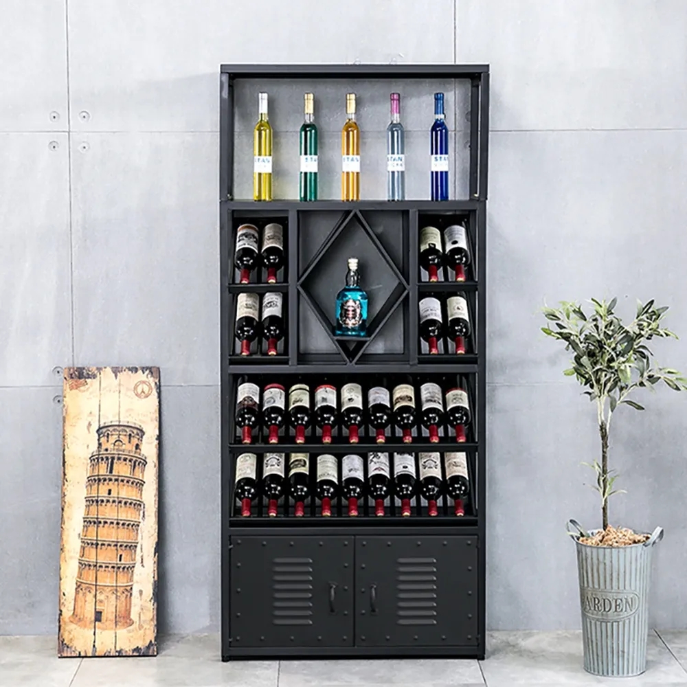 70'' Industrial Standing Wine Rack Cabinet in Black｜Homary