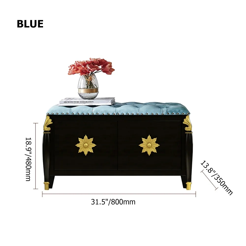 800mm Blue Retro Storage Bench Shoe Rack with Leather Upholstered Seat ...