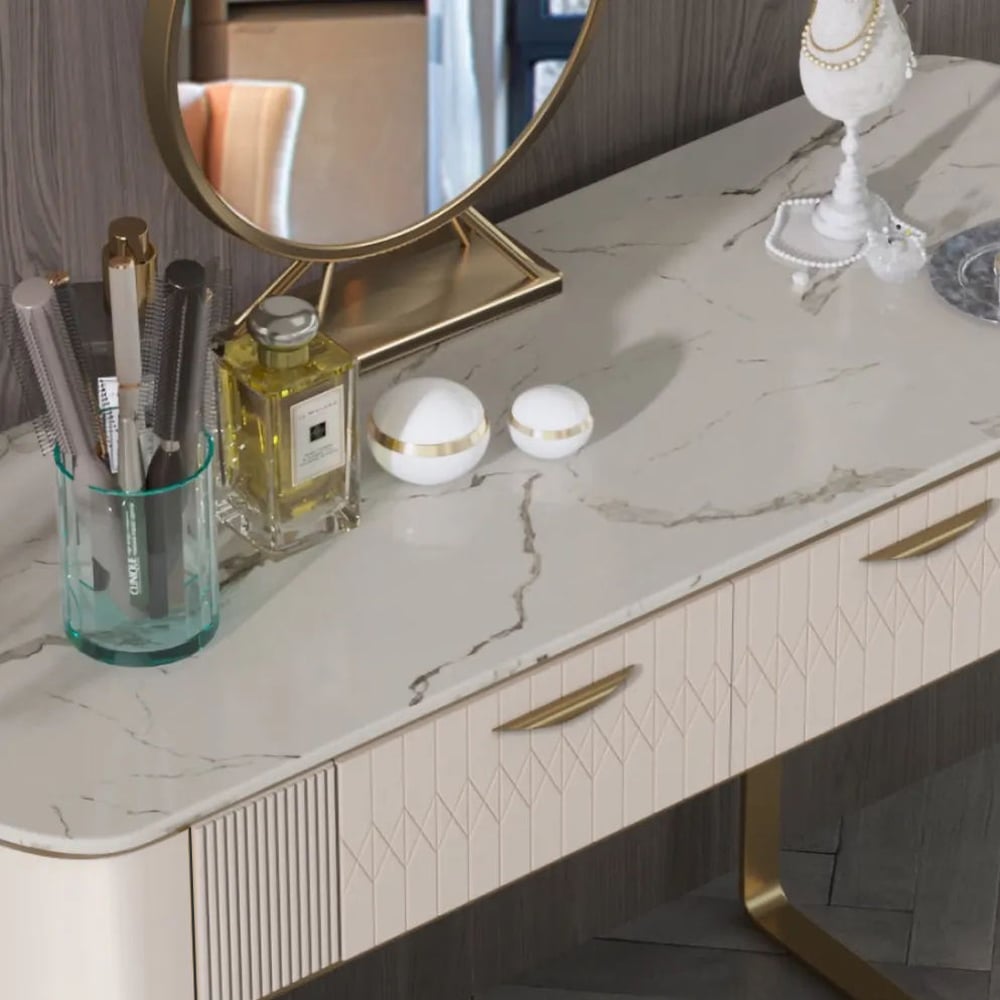 Off White Makeup Vanity Retracted&Extendable Dressing Table with 2 ...