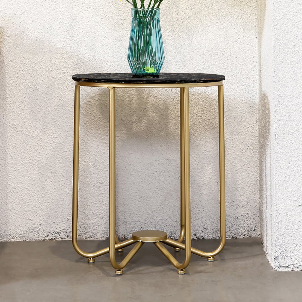 Modern Round Marble End Table in Black with Metal Legs｜Homary UK