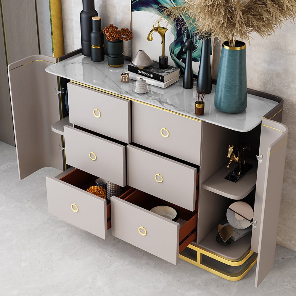 Modern Khaki Sideboard Buffet with Storage Faux Marble Top in Gold ...