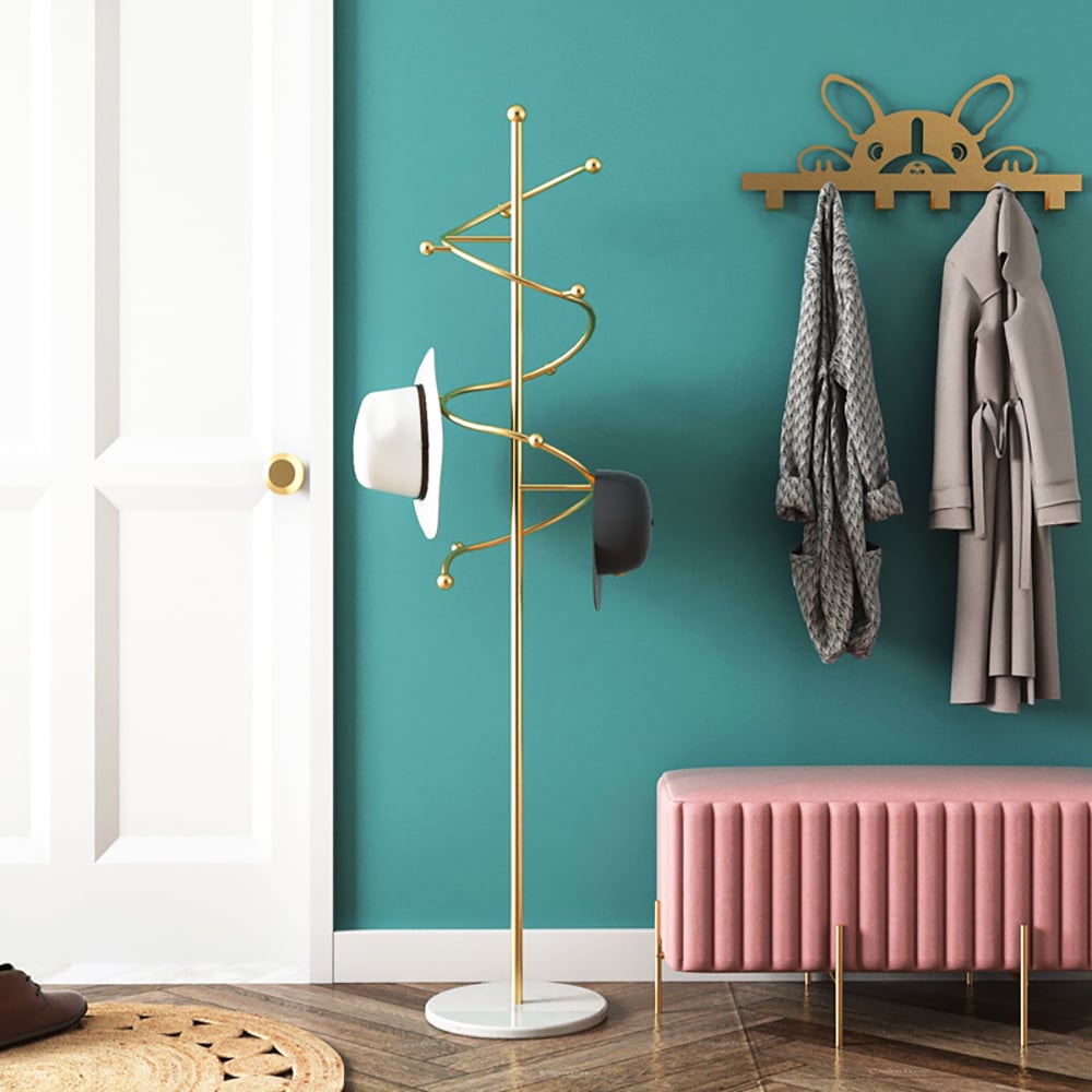66" Gold Modern Spiral-Shaped Freestanding Coat Rack with Marble Base ...
