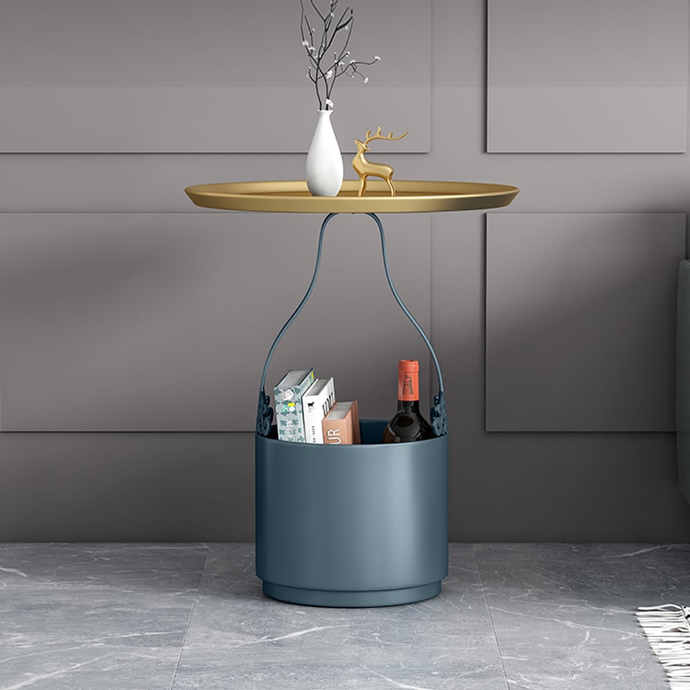 Modern Round End Table with Storage in Metal Side Table in Blue｜Homary