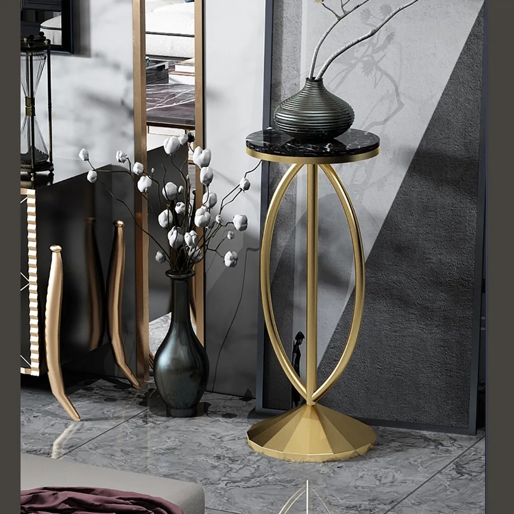 Black Modern Round End Metal Table with Marble Top Side Table｜Homary
