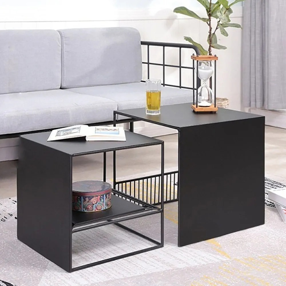Black Modern End Table Set with Shelf Metal Side Table 2-Piece | Homary UK