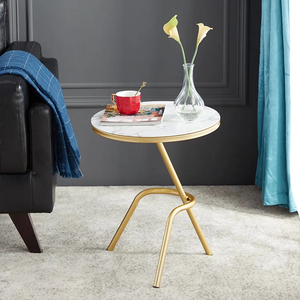 White Round End Table with Marble Top Side Table | Homary